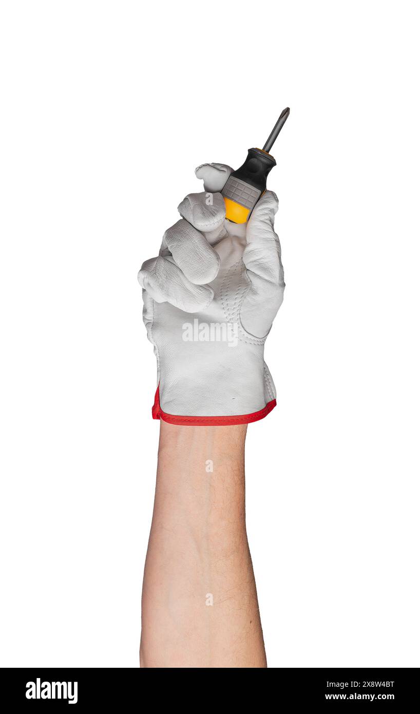 Hand with screwdriver on white background. Protect hygiene and cleaning ...