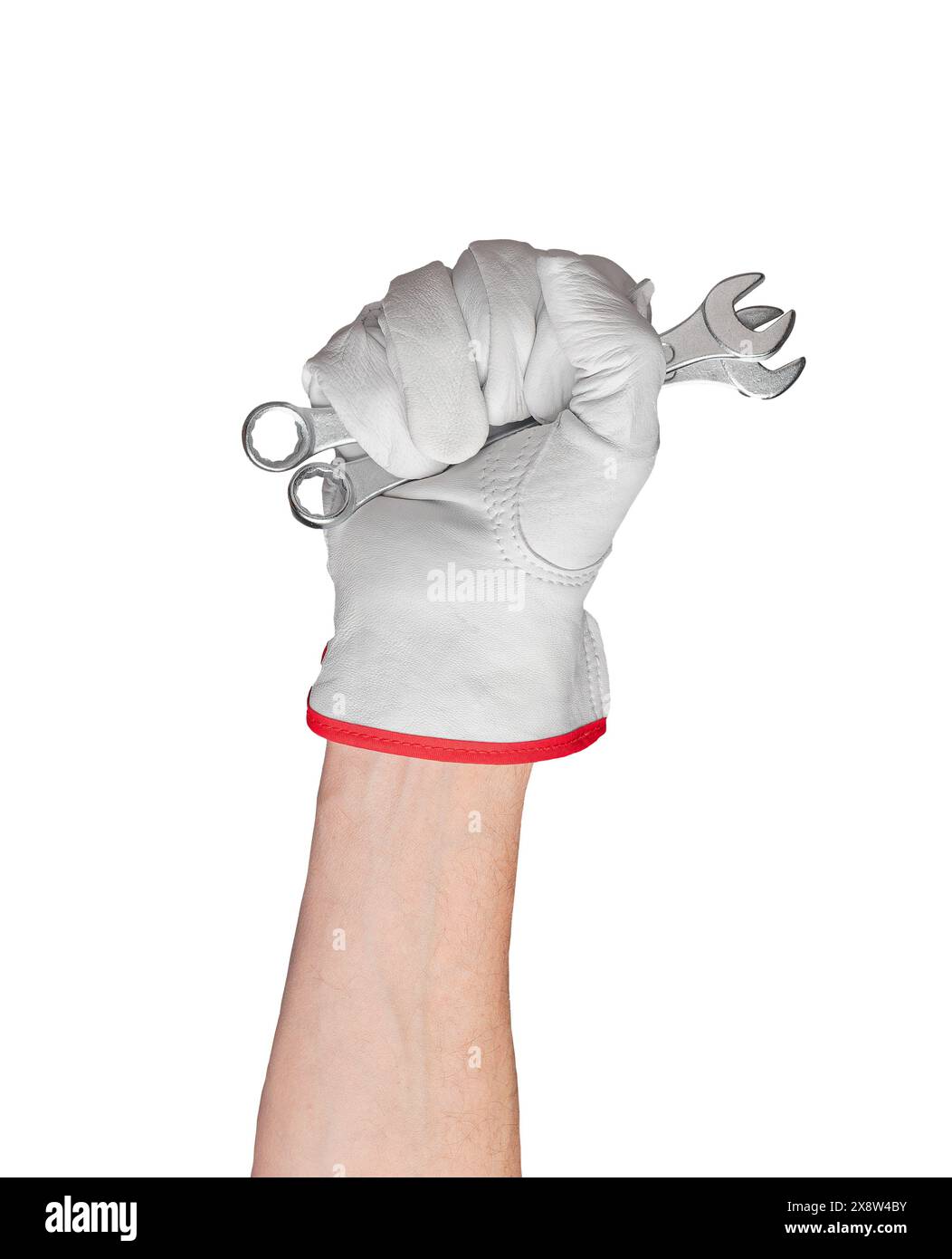 Hand with spanner in fist. White glove symbolizing work and protection ...