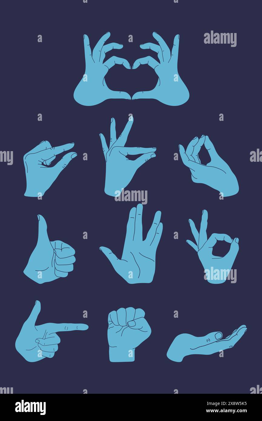 Set of hands gestures on a blue background. Making heart, OK sign, thumb up, measuring gesture ...
