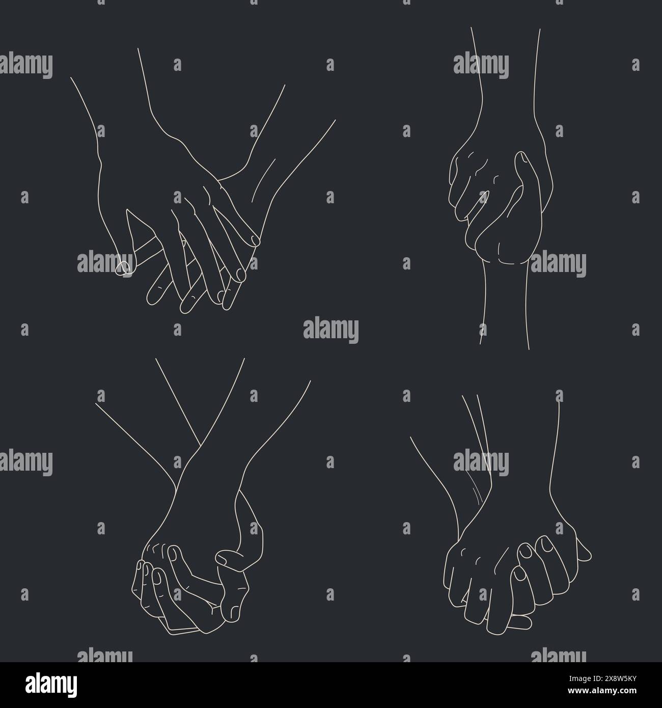 Hand drawn hands of couple on dark background. Hand in hand. Contour ...