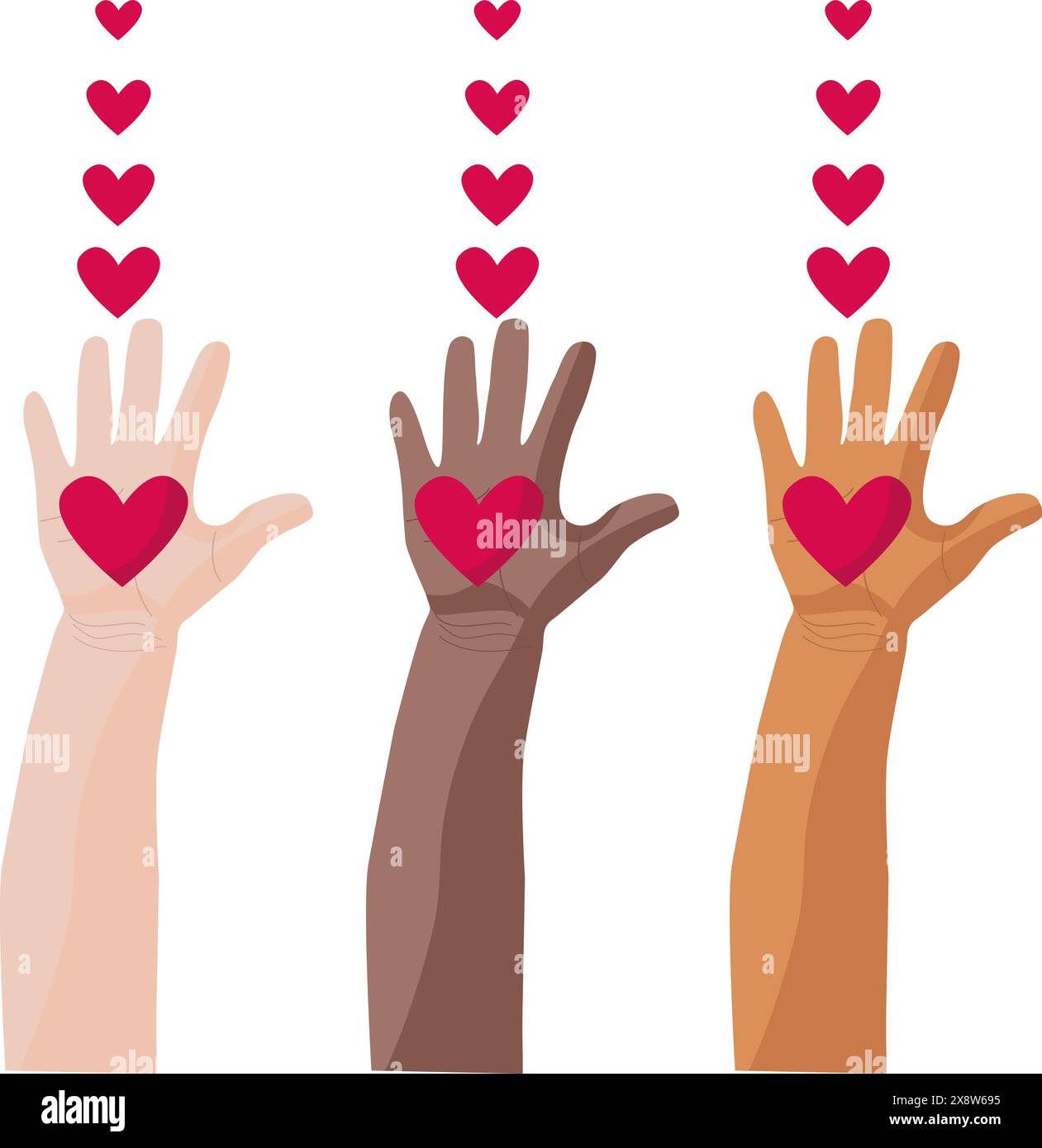 Flat vector illustration of hands of different nationalities holding hearts. Different ...