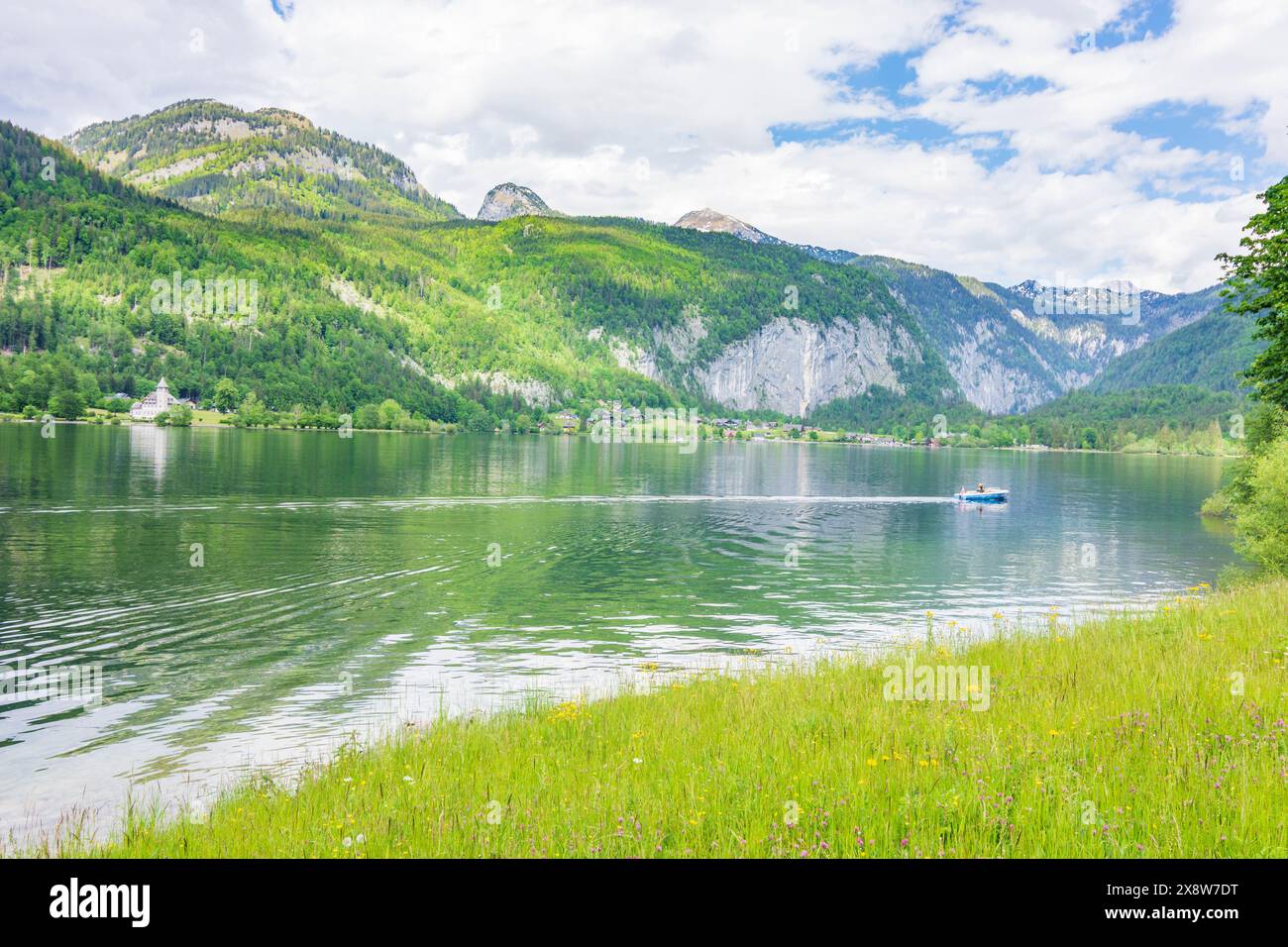 Grundlsee: Lake Grundlsee, meadow with flowers, Villa Roth (Schloss ...