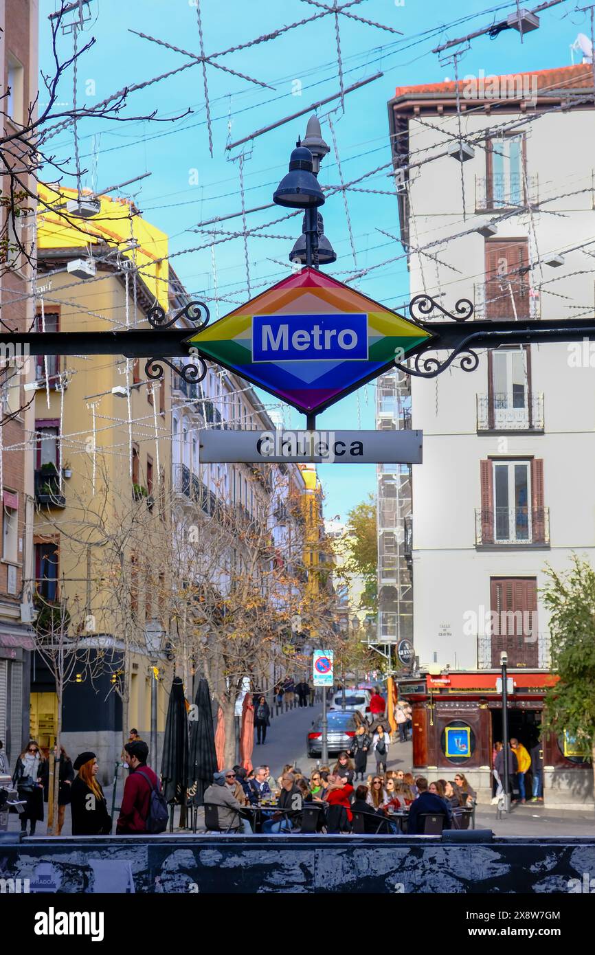 Madrid, Spain. 2023 November 26. Metro Chueca street sign in Madrid ...