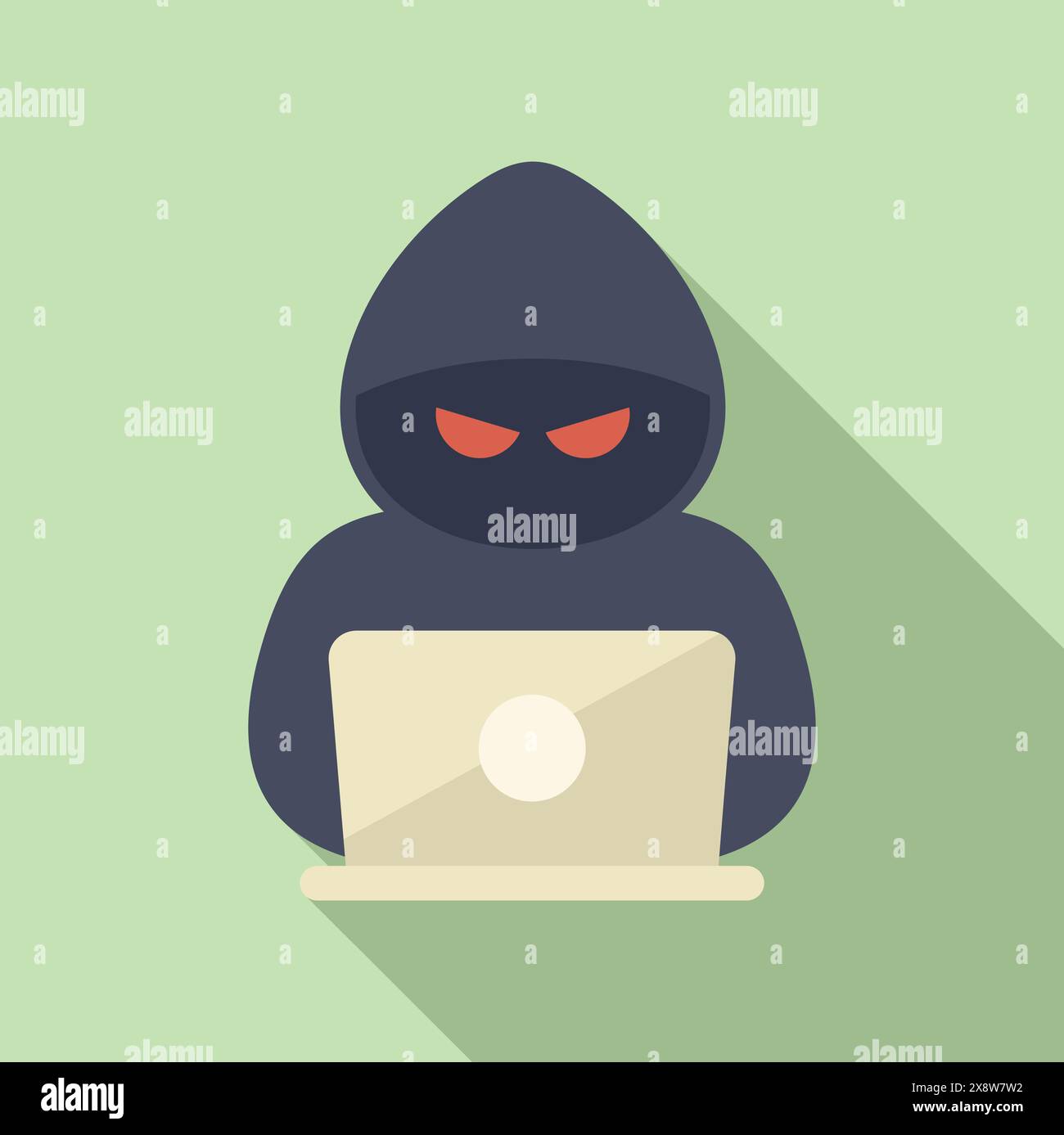 Digital illustration of a faceless figure in a hood using a laptop ...