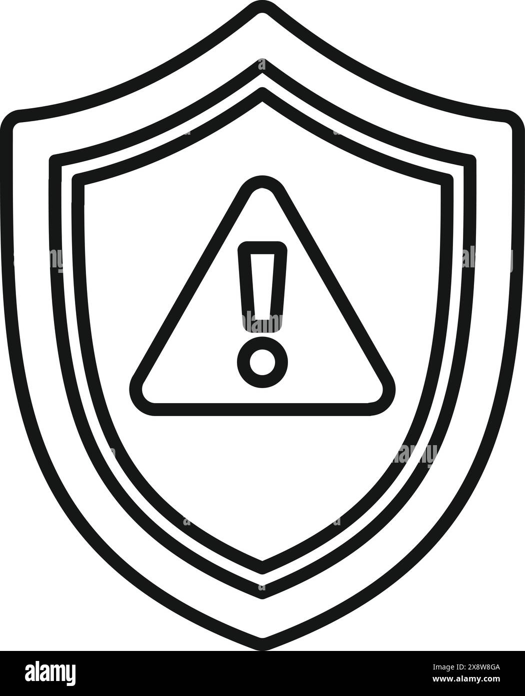 A simple line art icon featuring a shield with an exclamation danger ...