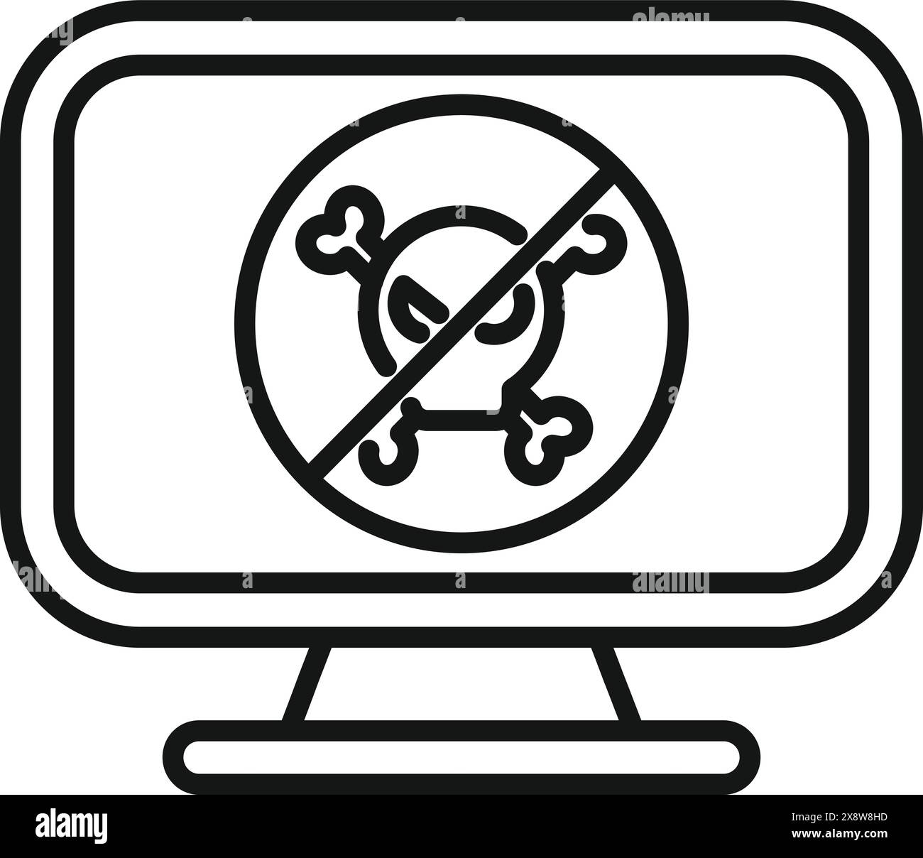Simple line icon of a computer screen with a crossedout skull and bones ...
