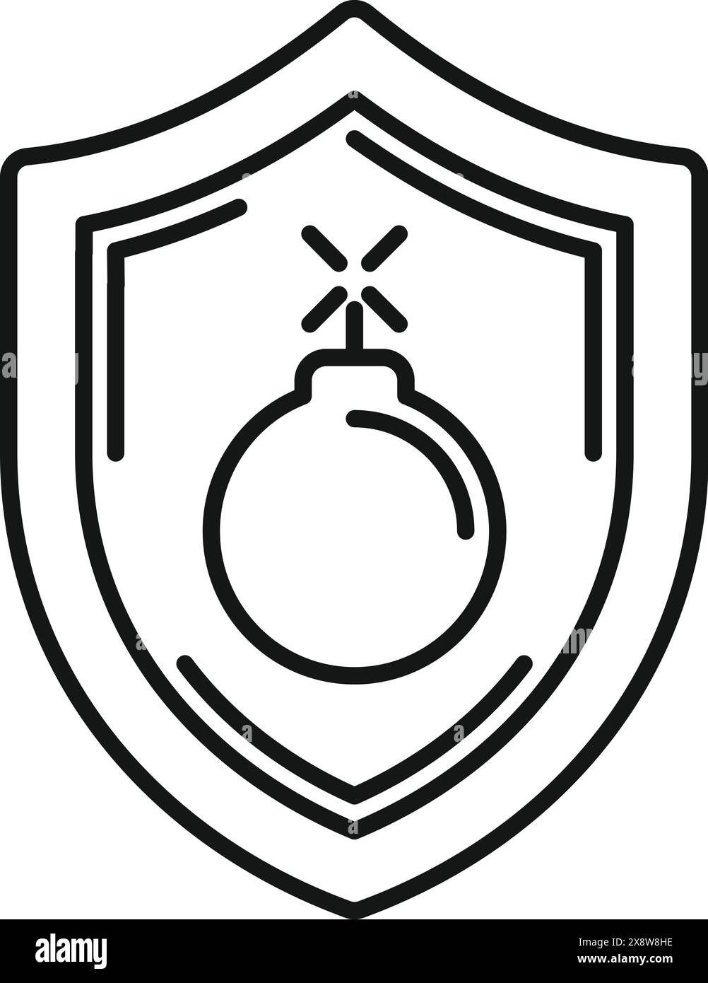 Line art illustration depicting a shield with a bomb symbol ...