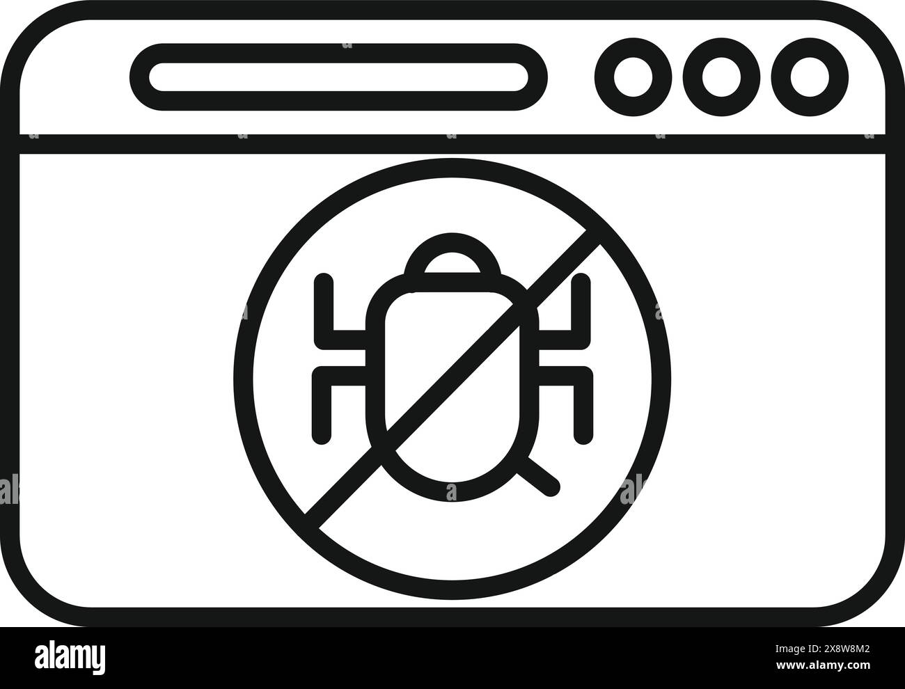 Line art vector illustration of a software bug with a prohibition sign ...
