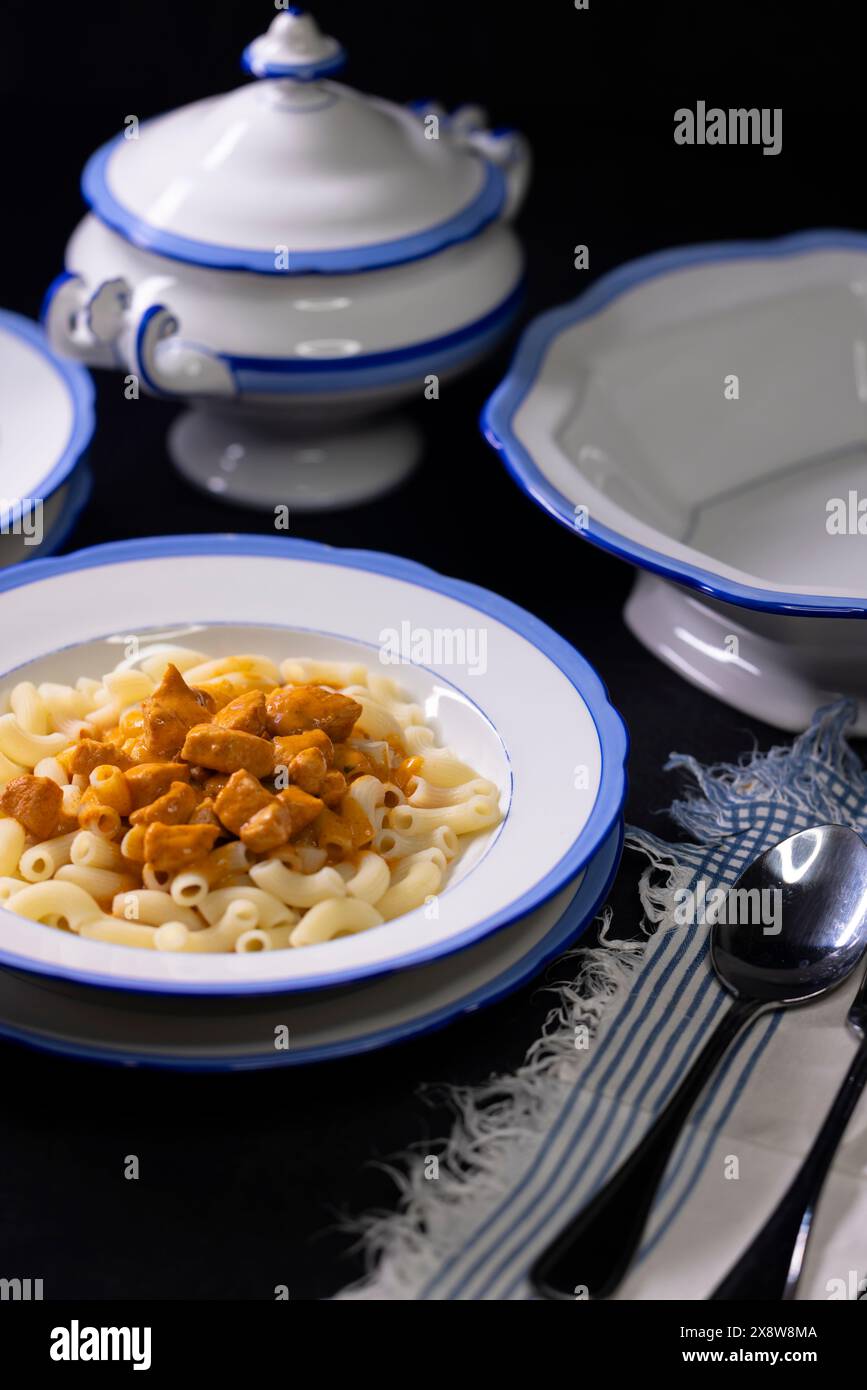 Traditional czech dish, chicken with paprika creamy sauce with pasta ...