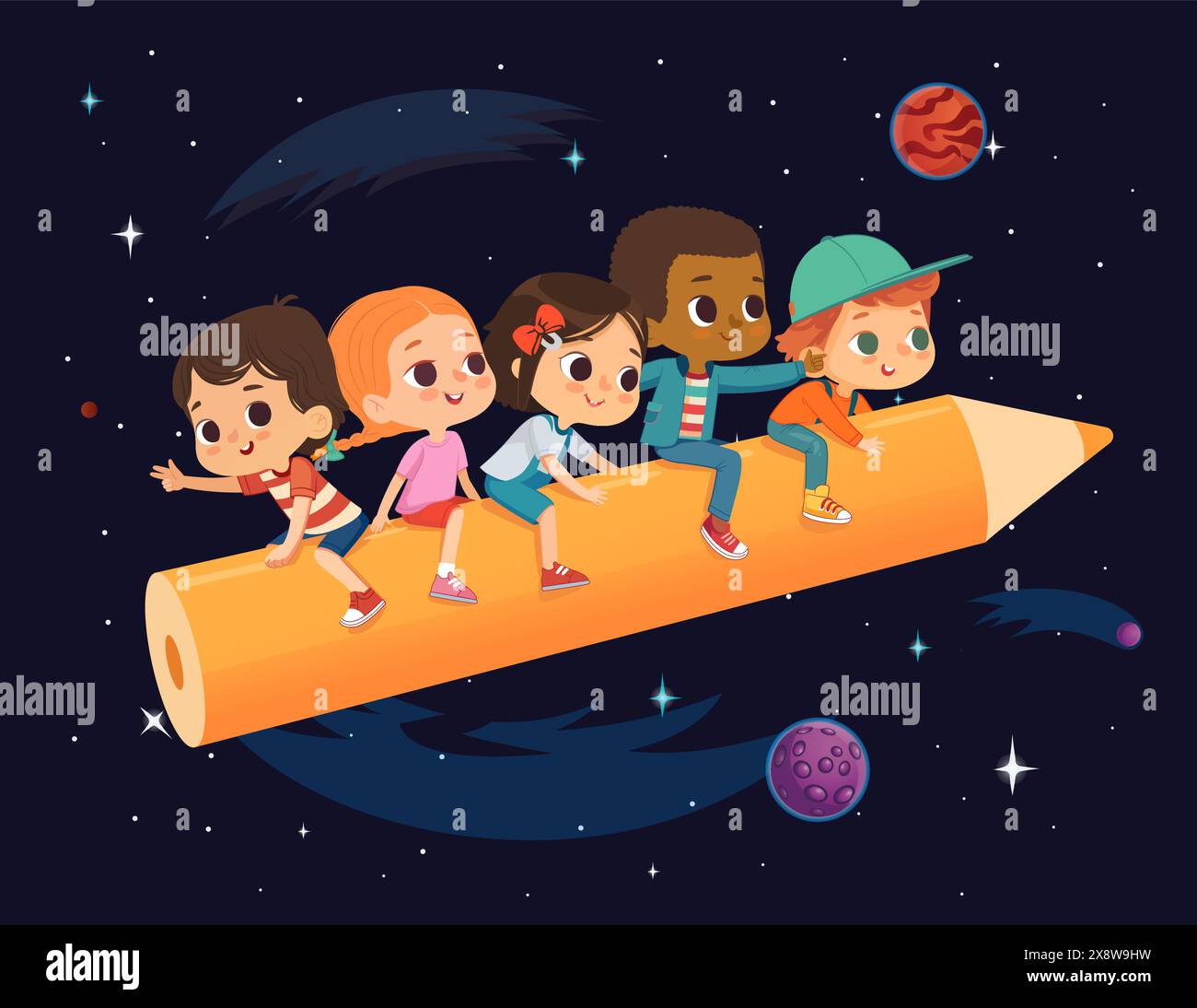 Multicultural Children Fly While Sitting Astride a Blue Pencil. Night ...