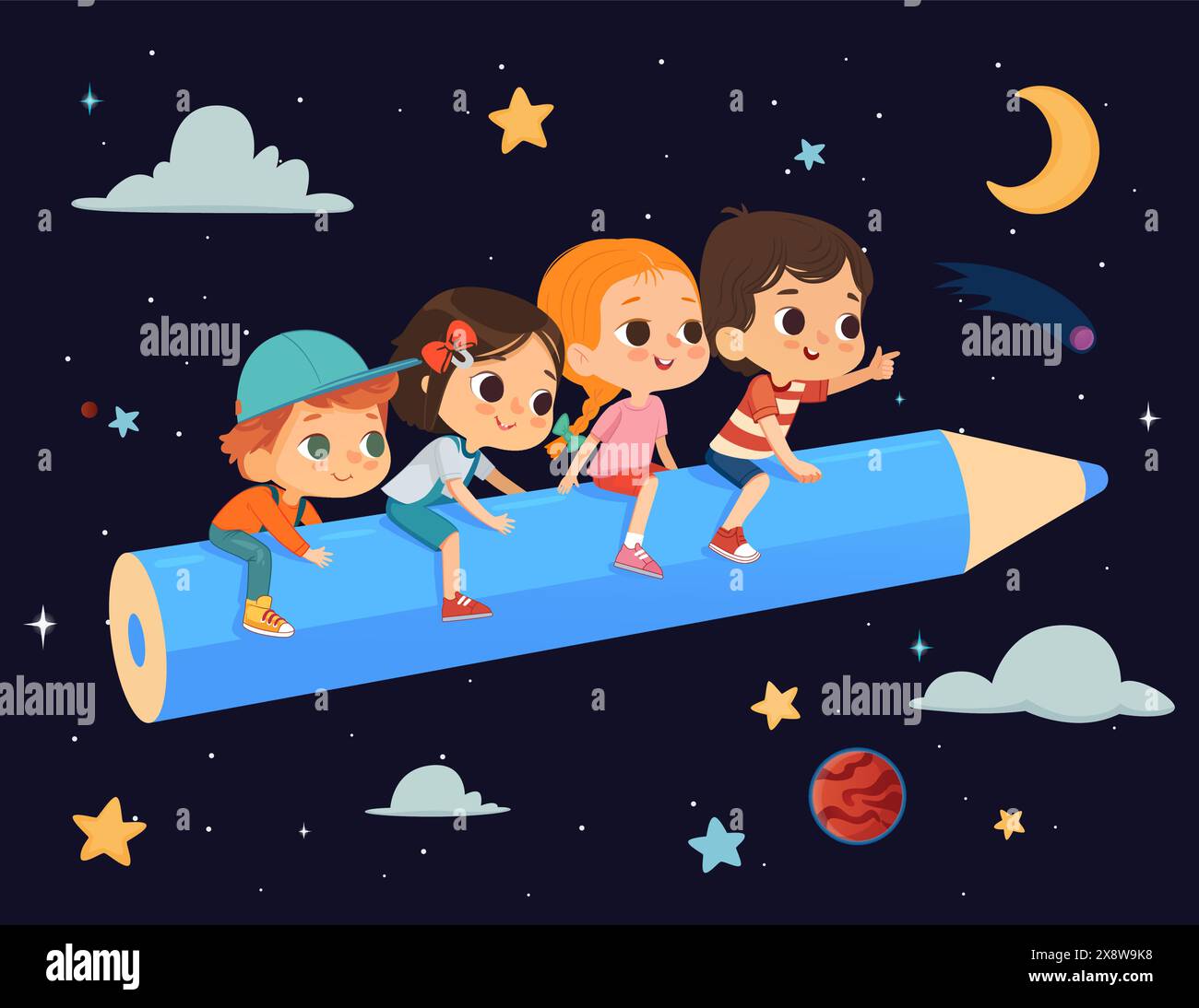 Multicultural Children Fly While Sitting Astride a Blue Pencil. Night ...