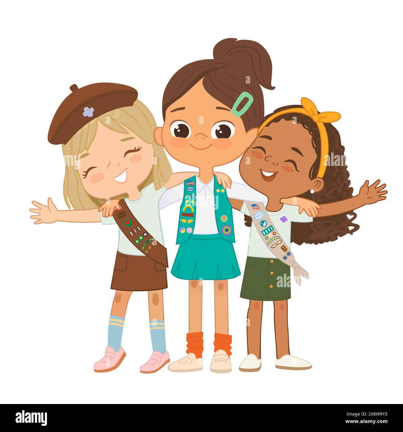 Happy Multicultural multi aged girls scout hug. Junior, Cadette ...