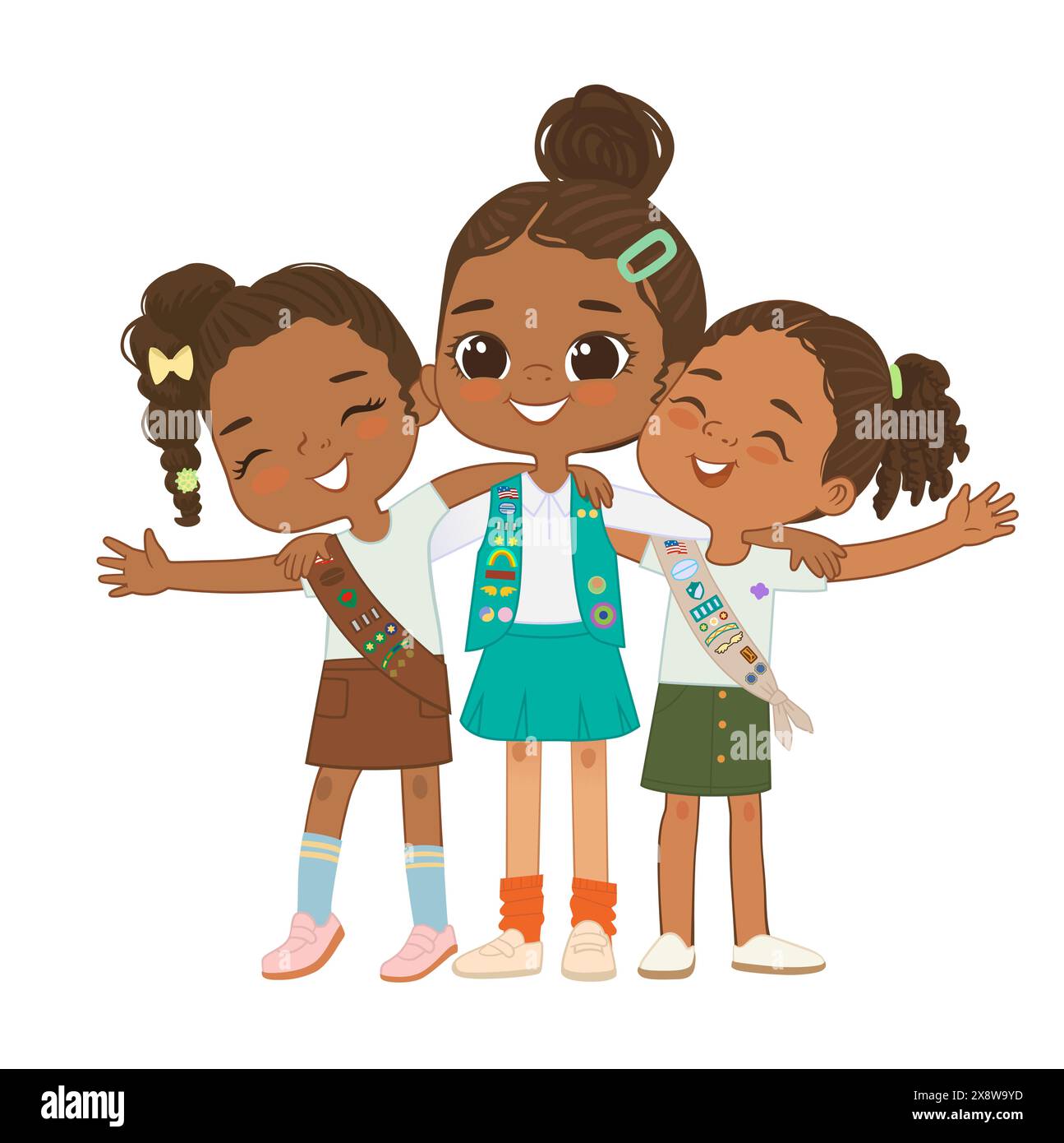 Happy African American multi aged girls scout hug. Junior, Cadette ...