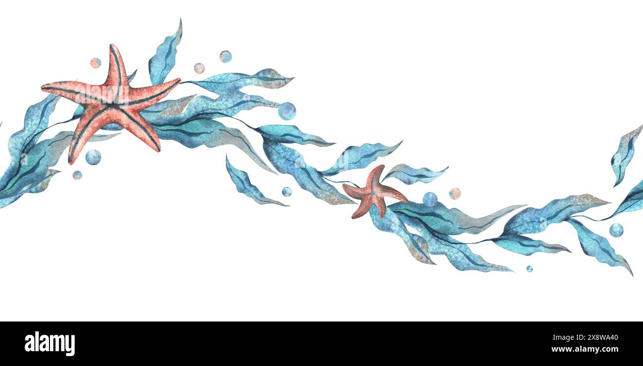 Seaweed in the shape of a wave with starfish and water bubbles ...