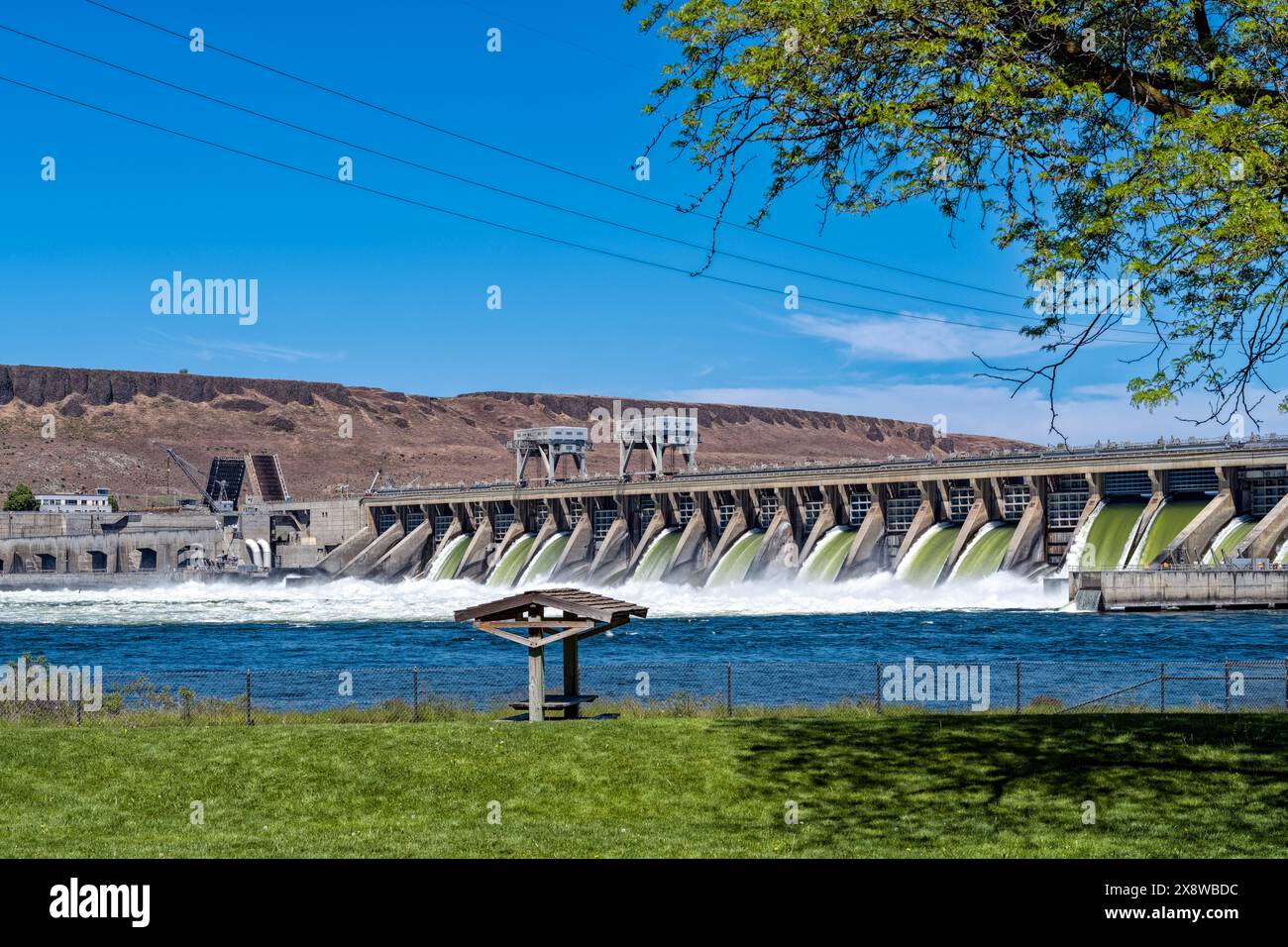 Water flows through the gates of the McNary Dam on the Columbia River ...