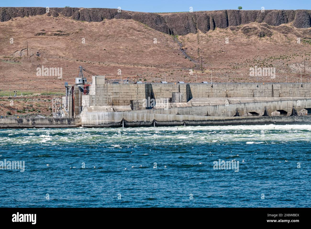 The concrete walls of the lock and fish ladder at the McNary Dam on the ...