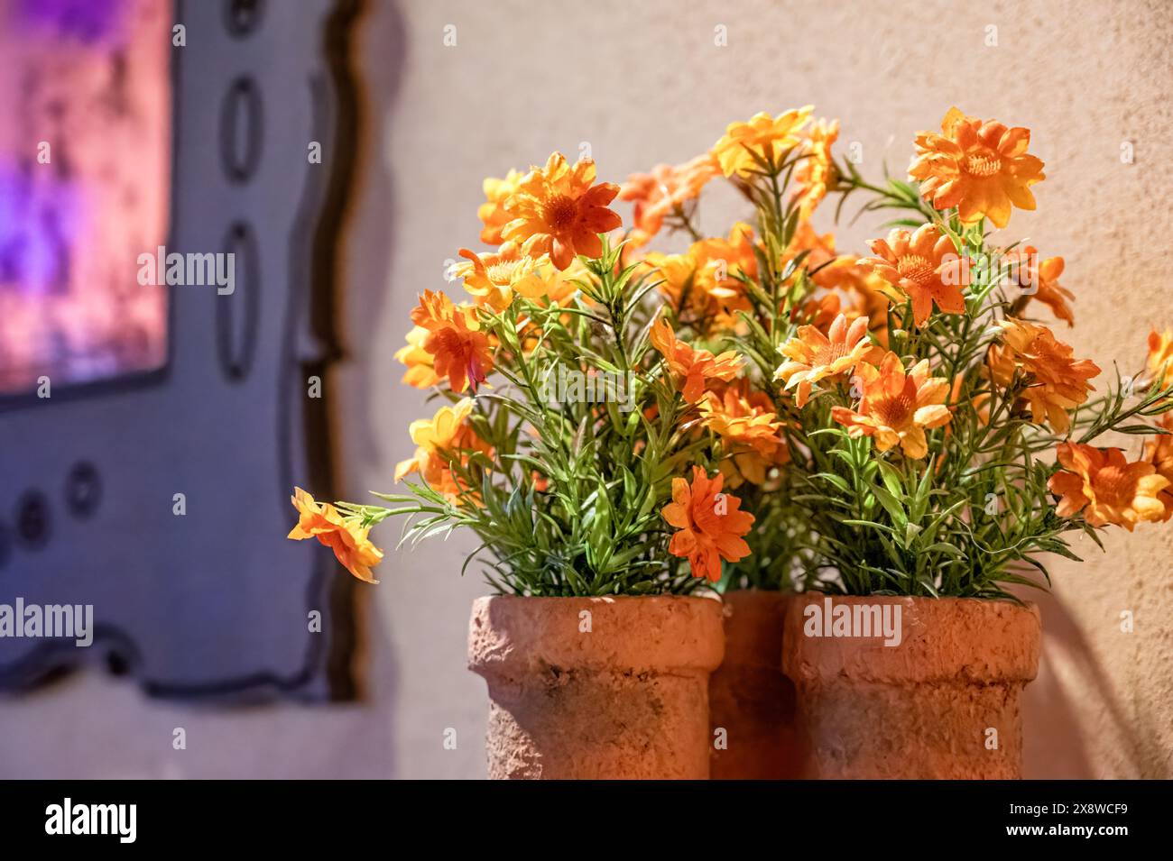 Orange flowers, like those seen in the movie Coco, planted in handmade ...