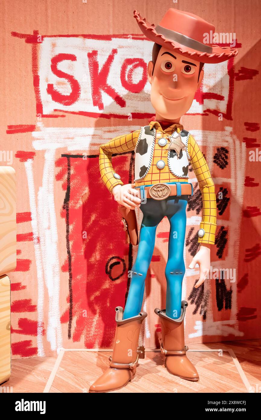 Madrid, Spain; 05-14-2024: Large figure of the famous character Woody from the movie Toy Story ...