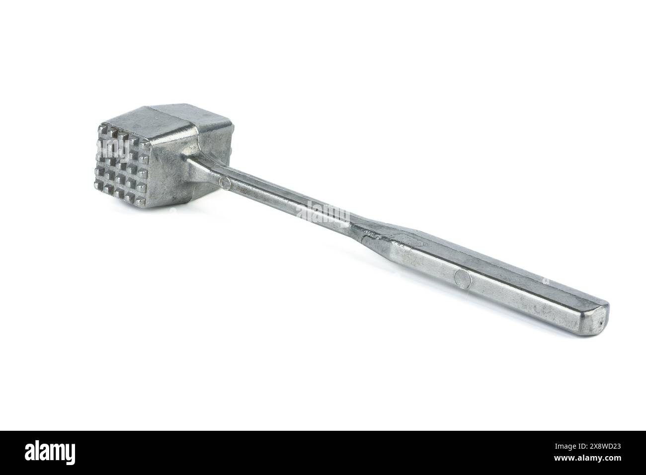 Metal meat tenderizer hammer on white background. Copy space Stock ...