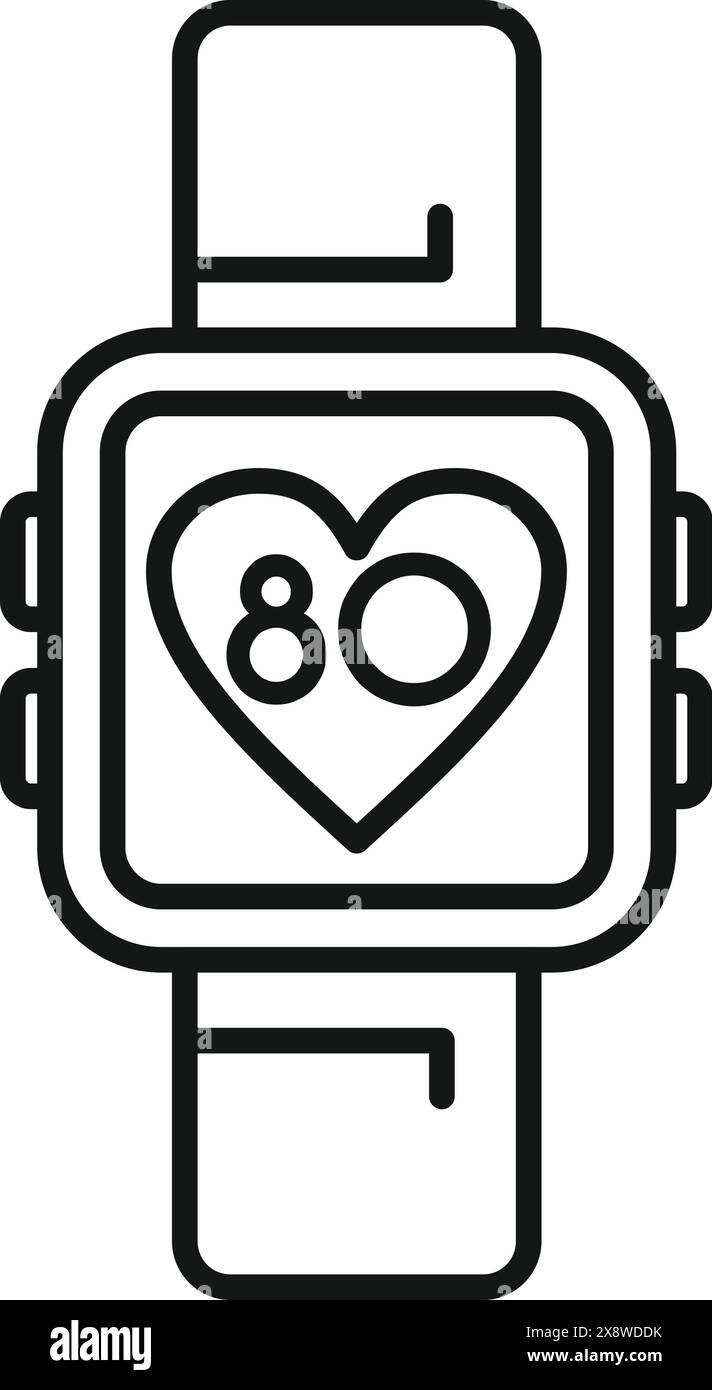 Line art illustration of a smartwatch displaying a heart rate icon ...
