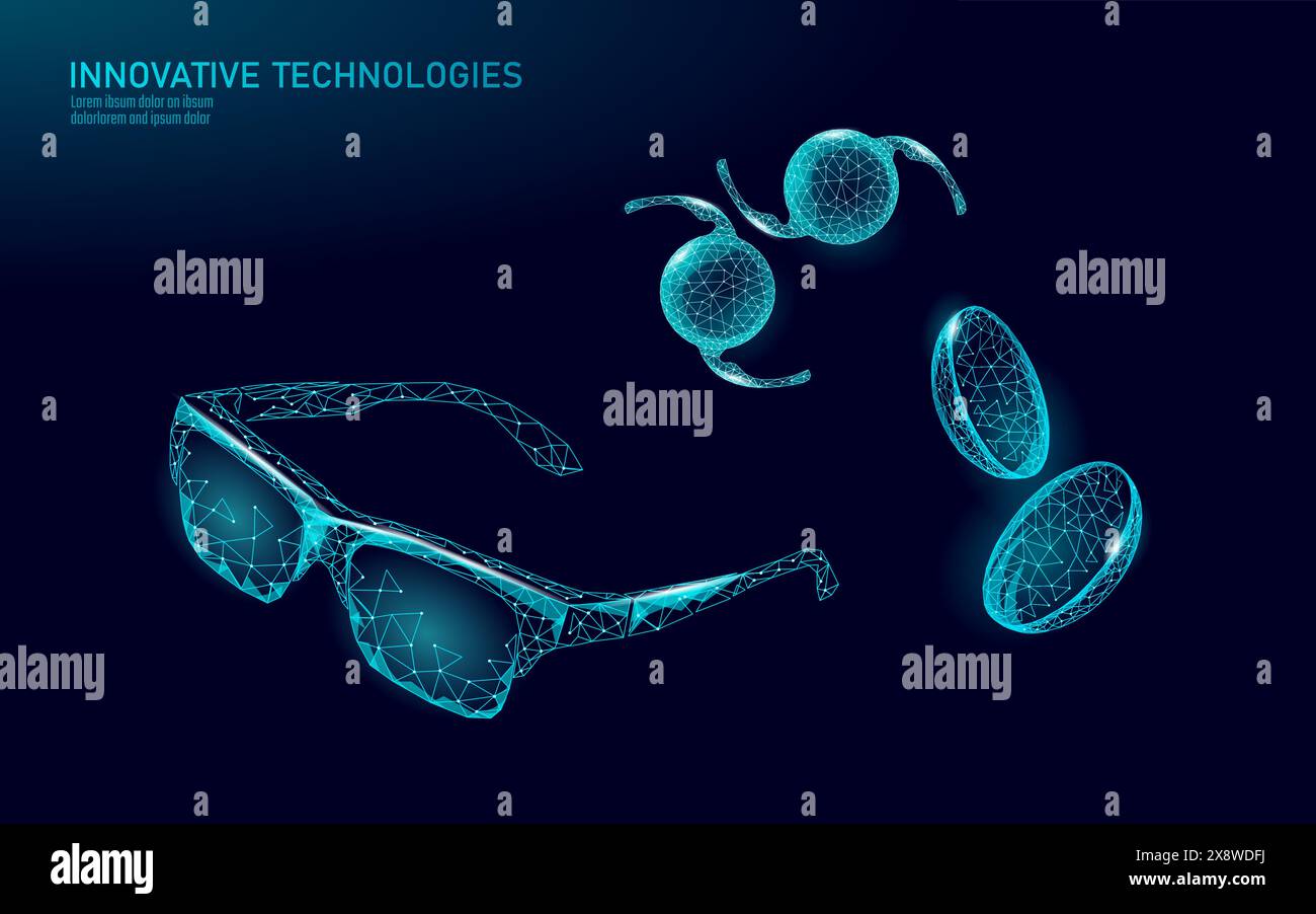Glasses and Intraocular lenses 3D low poly concept. Healthcare eye ...
