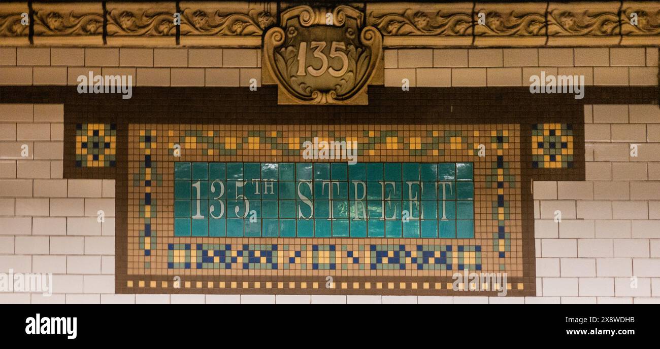 135th street subway tiles at a stop in Harlem New York City Stock Photo ...