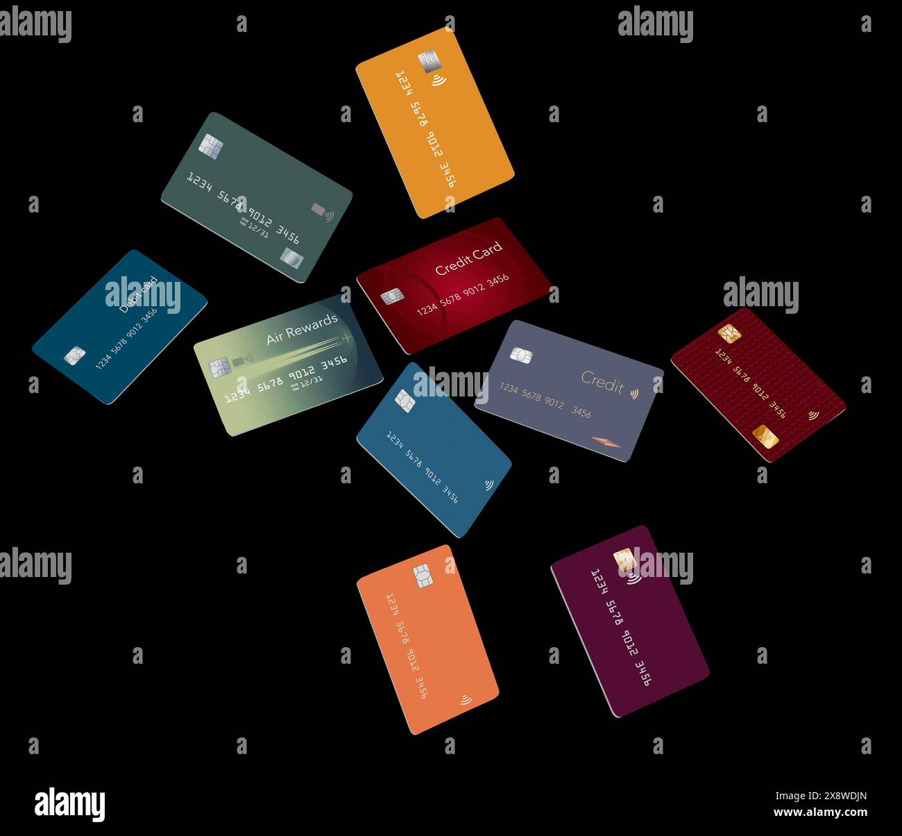 Ten generic credit cards of various types are seen flying over a black ...