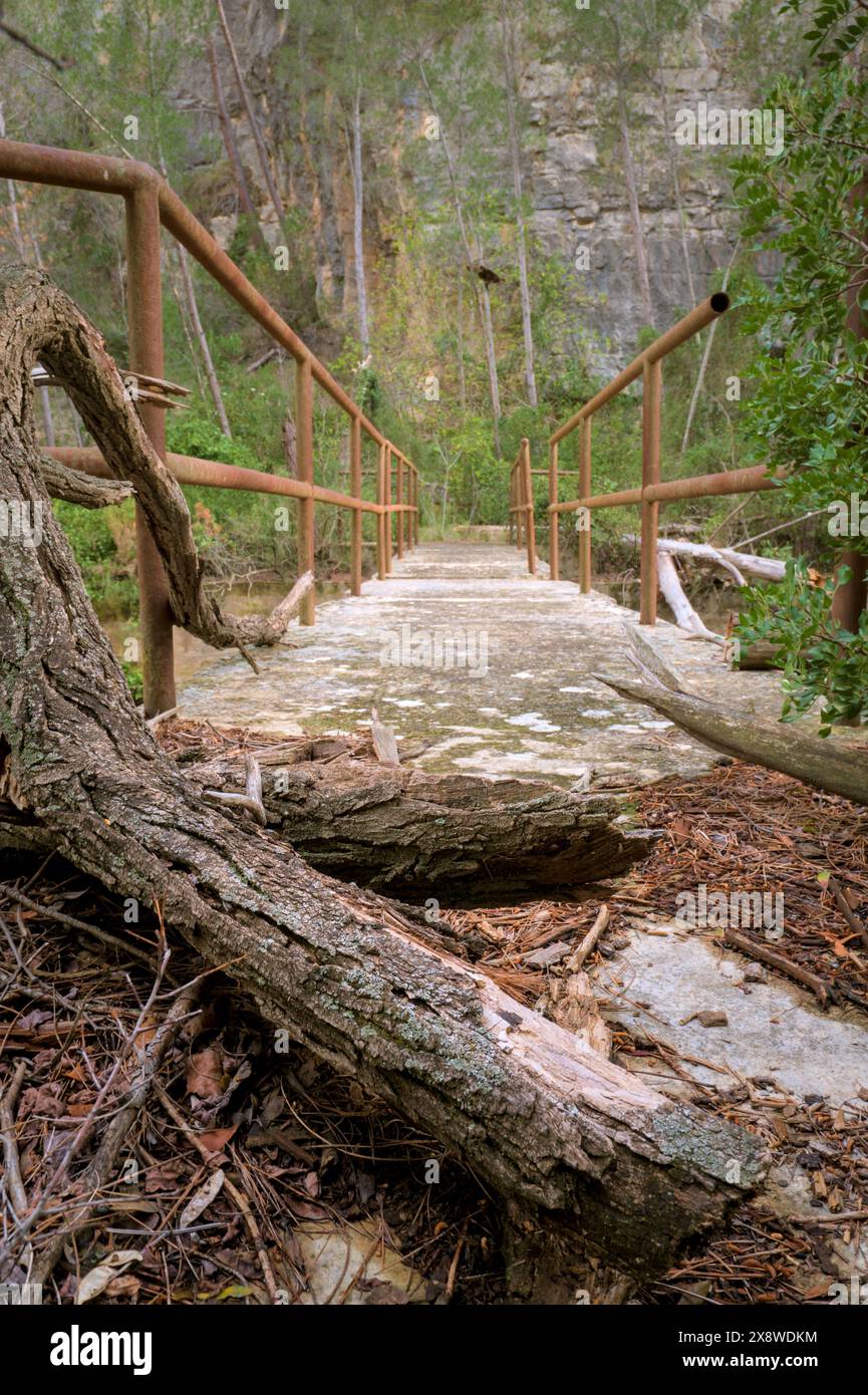 The image shows an old, weathered bridge with rusty railings Stock ...