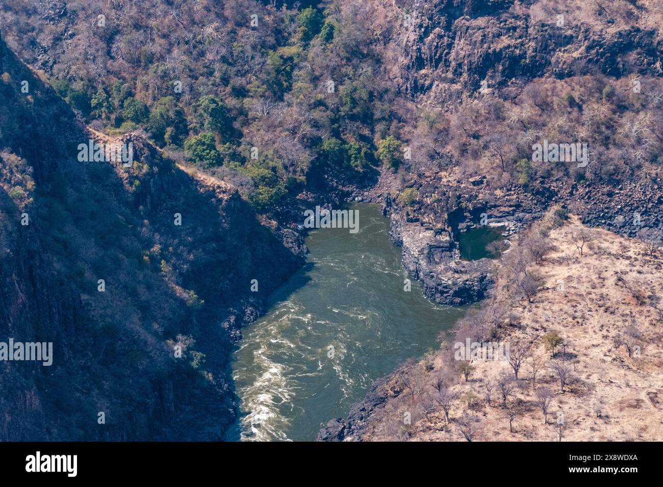 Aeriial shot of the gorges of the lower Zambezi river, just downstream ...