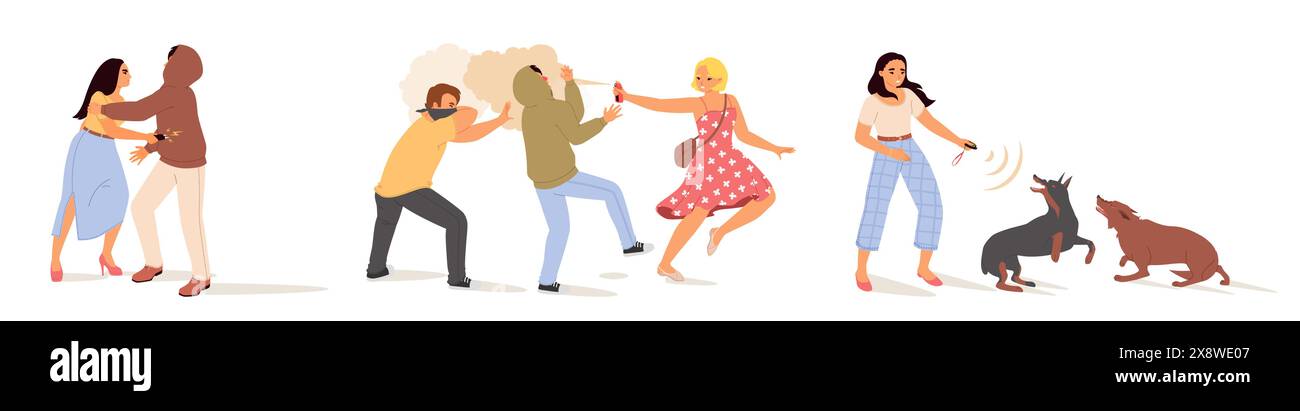 Self-defense techniques from street hooligan and aggressive dogs Stock ...