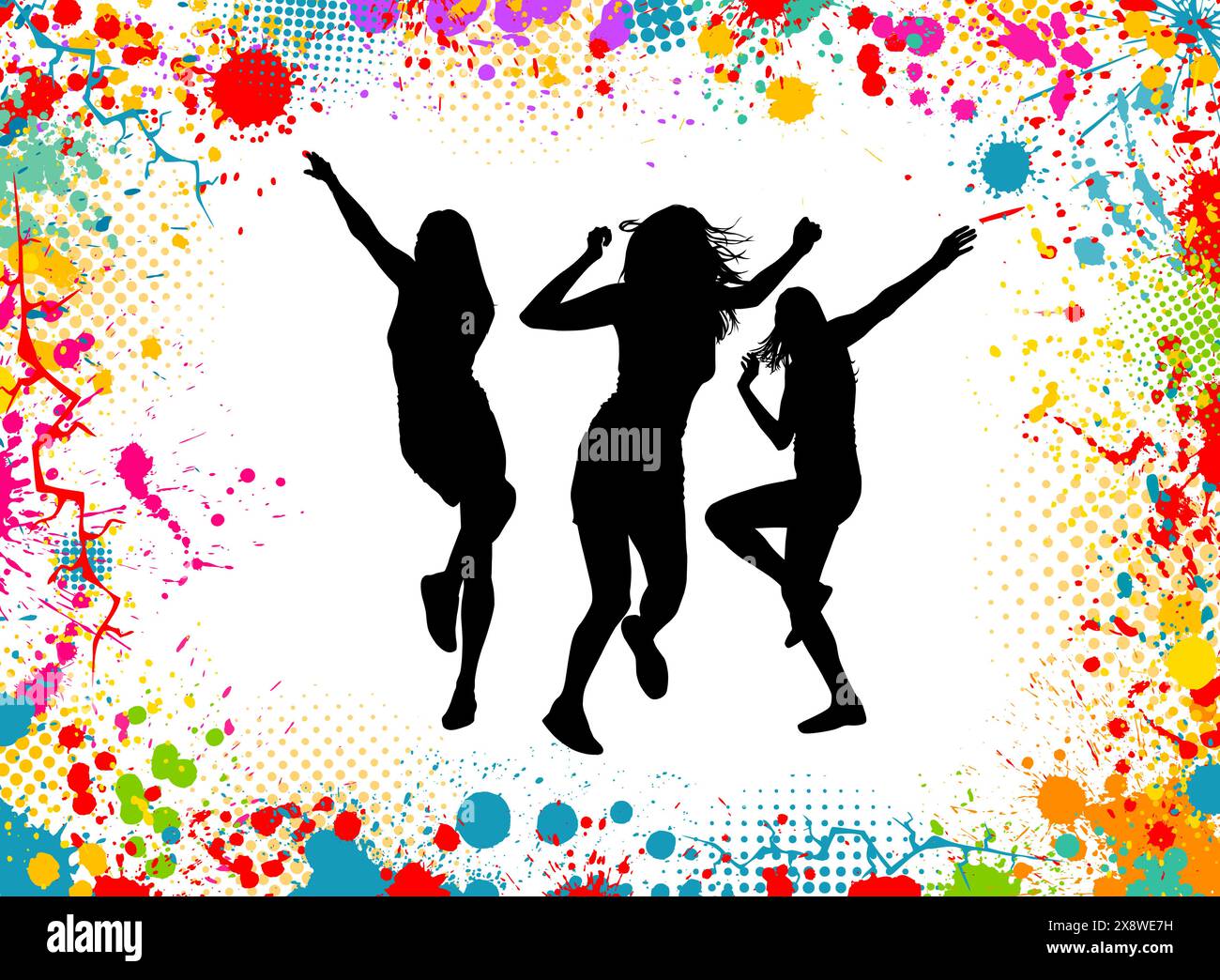 Abstract blots with silhouettes of dancing girls. disco. hand drawing ...