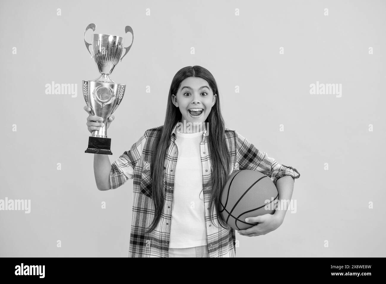 surprised teen basketball girl receive award in studio. teen basketball ...