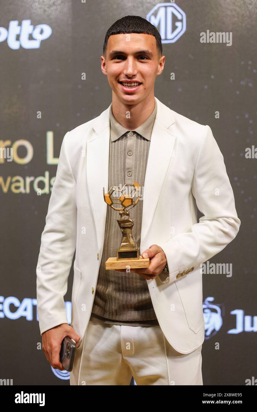Middelkerke, Belgium. 27th May, 2024. Genk's Bilal El Khannouss poses with his trophy for best ...