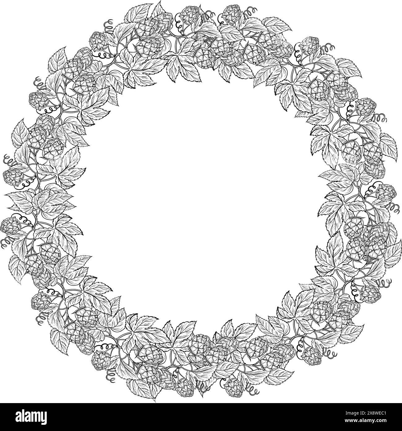 The border frame is round with branches of hops. An ingredient for ...