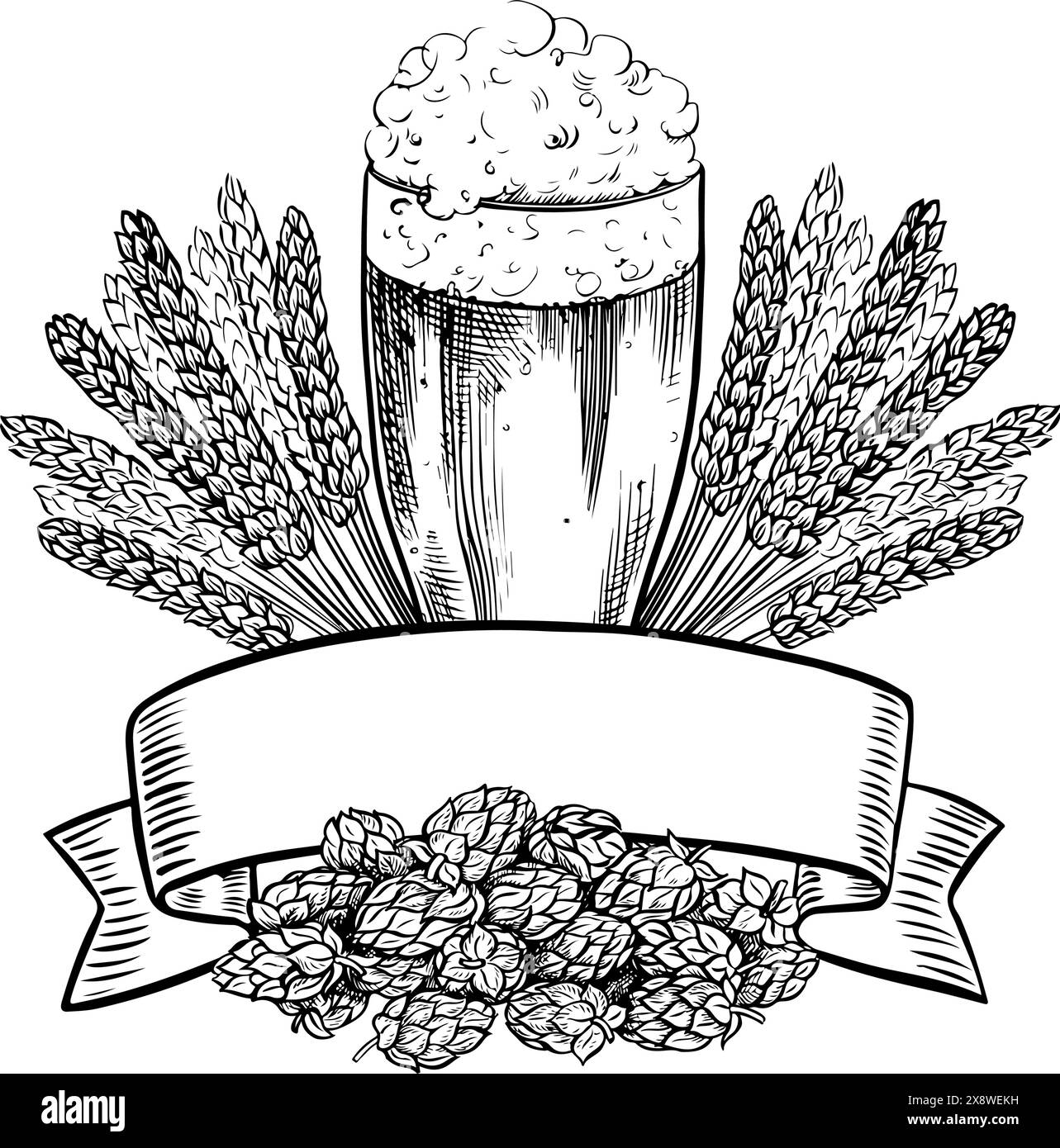 Beer glass, hops, malt, beer label. An illustration with black and ...