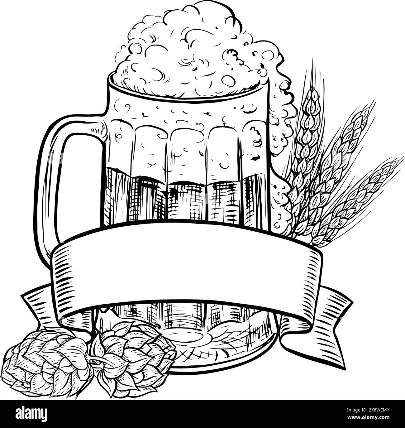 Beer glass, hops, malt, beer label. An illustration with black and ...