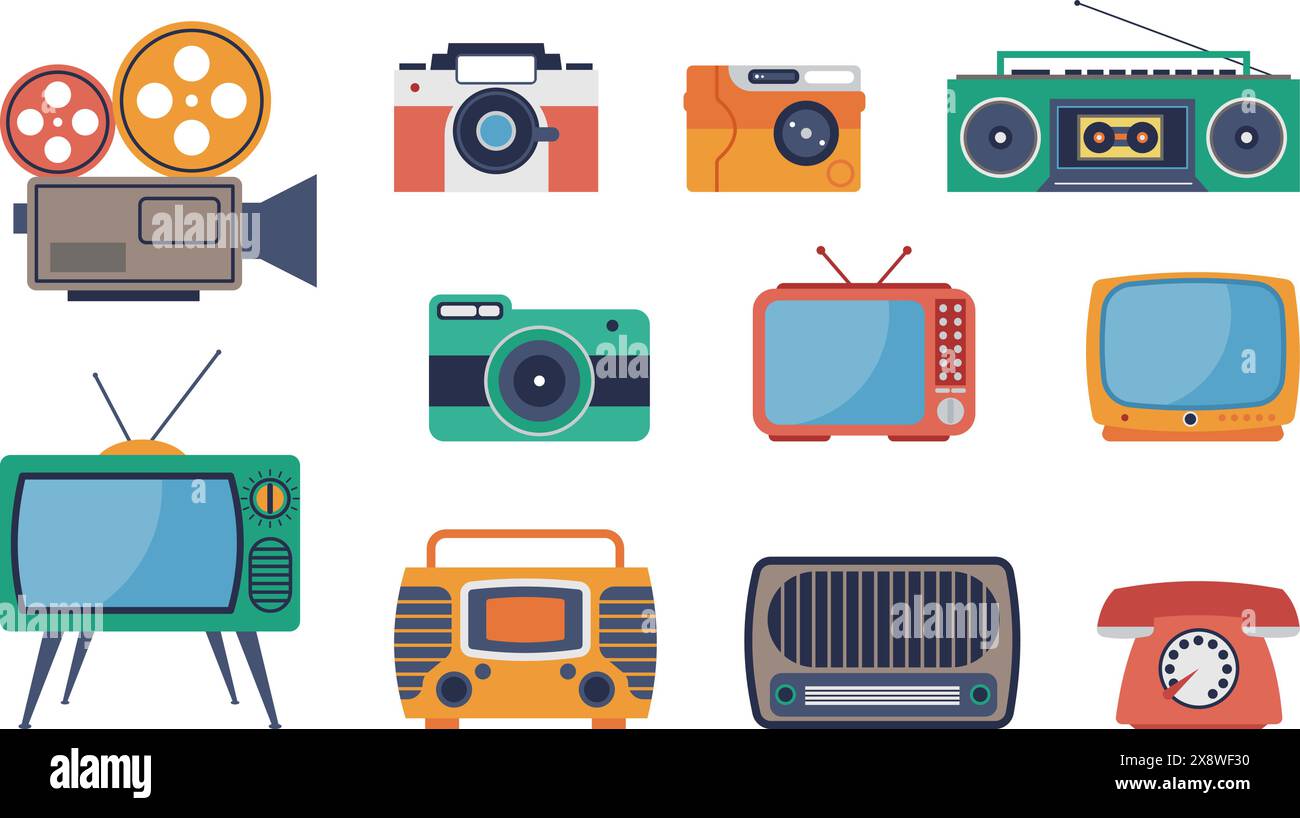 Vintage media. Photo cameras, tv screens and radio. Film camera, retro ...
