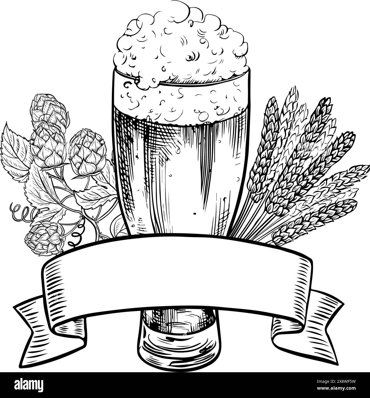 Beer glass, hops, malt, beer label. An illustration with black and ...