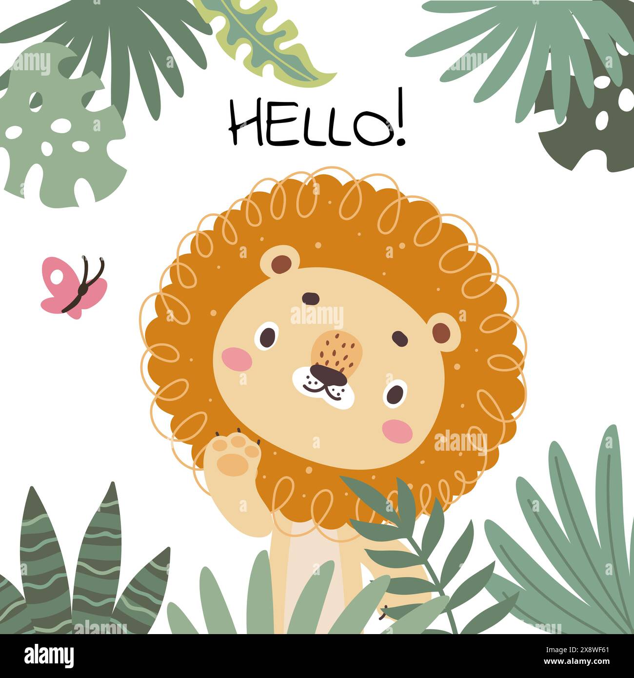 Cartoon lion card. Cute little wild animal say hello. Decorative print ...