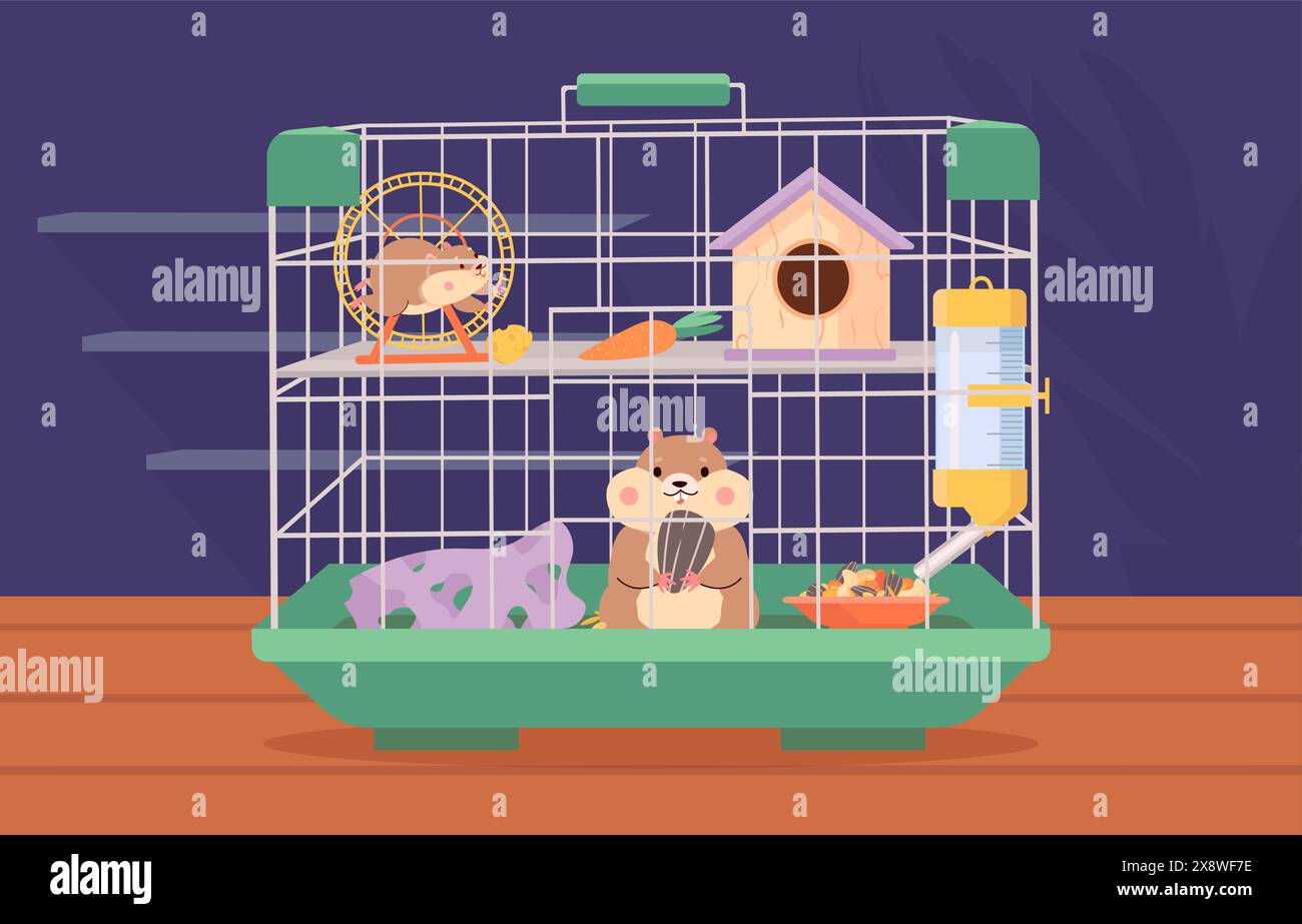 Hamsters in cage. Cartoon fatty hamster with friend, domestic cute ...
