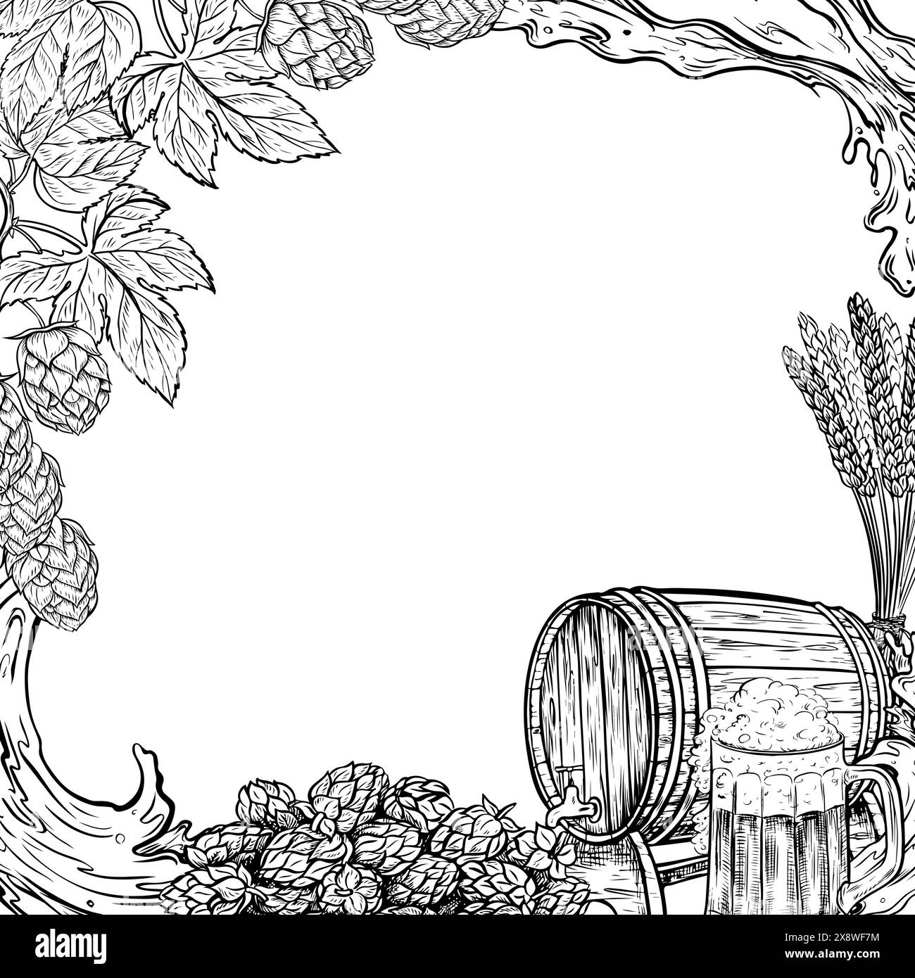 A frame with a mug of beer, a barrel, grain malt, hops. Ingredients for ...