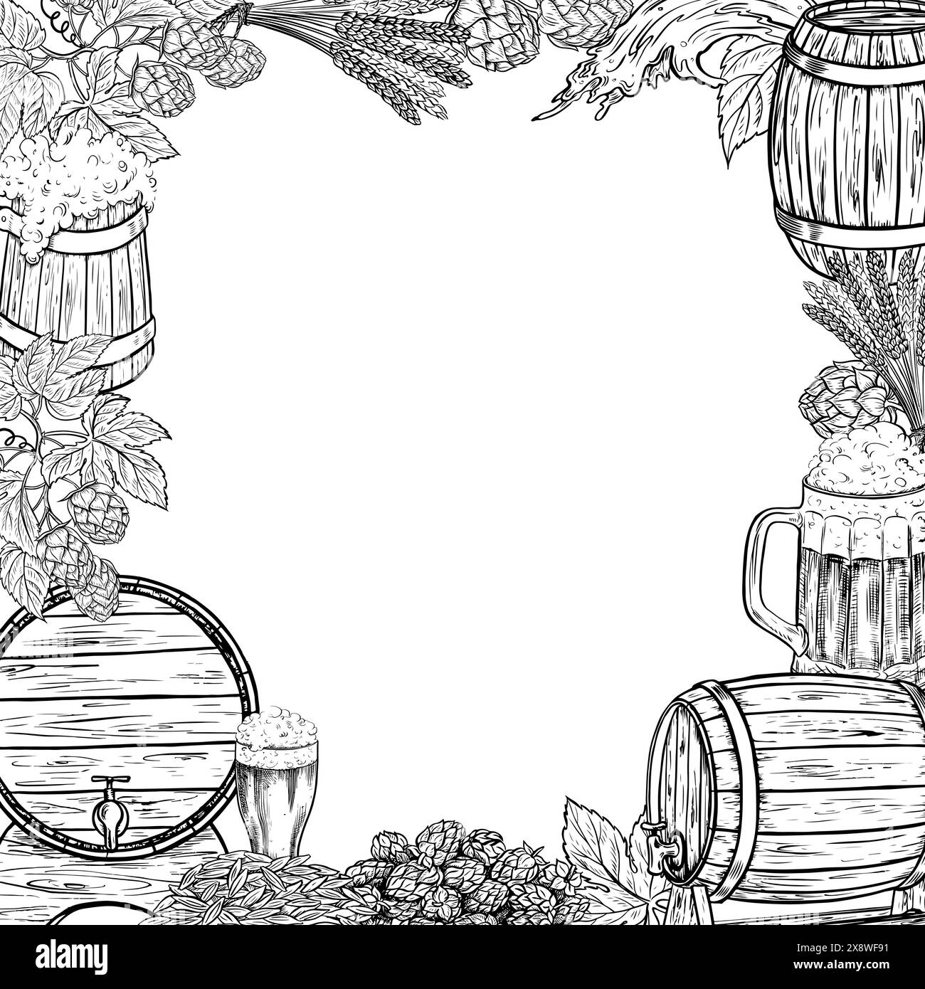 A frame with a mug of beer, a barrel, grain malt, hops. Ingredients for ...