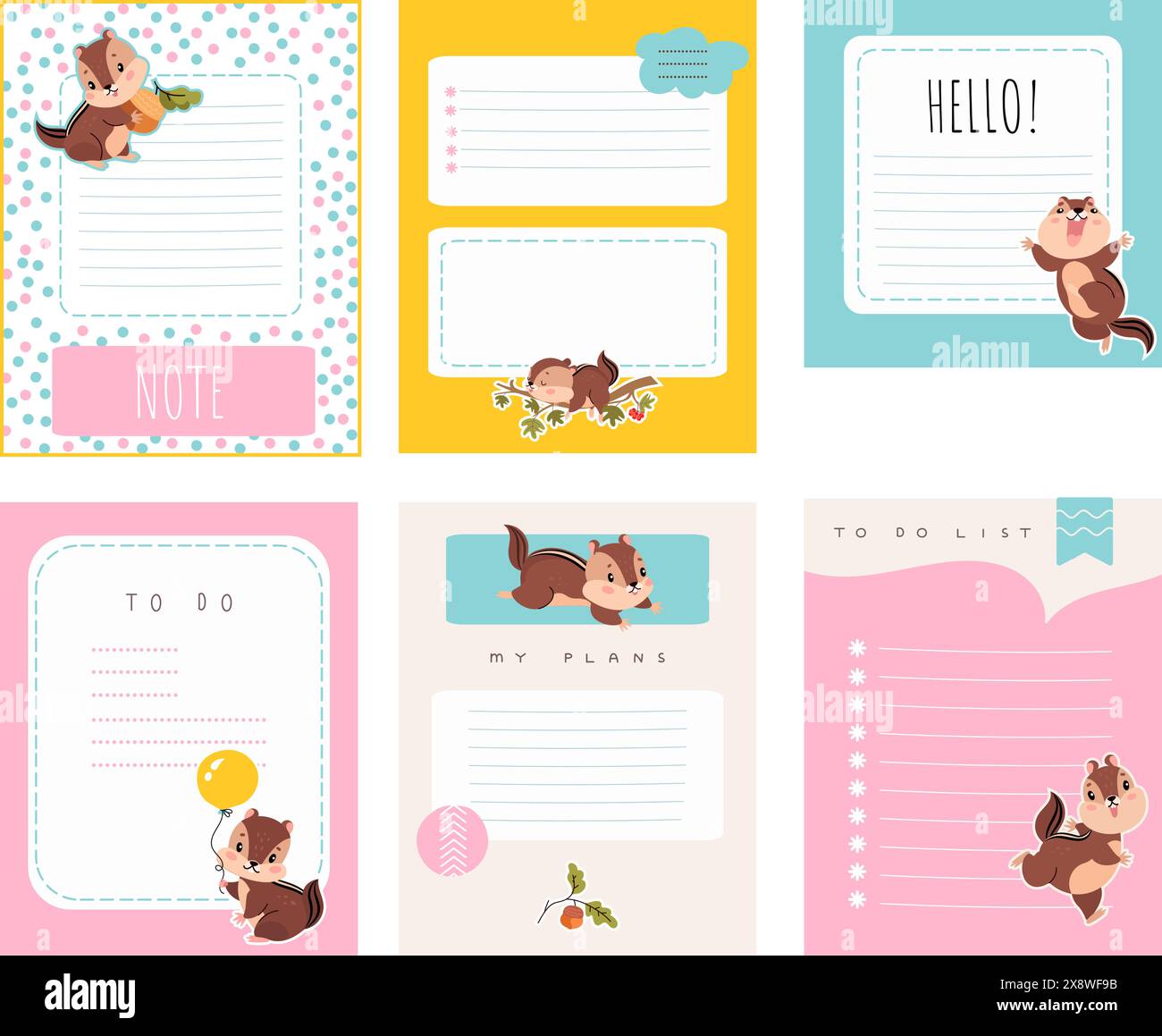 Notepad pages cartoon design. Childish sheets with stickers and cute ...