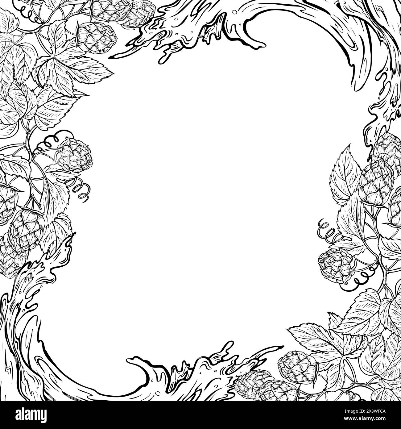 A border frame with sprigs of hops and a splash of beer. An ingredient ...