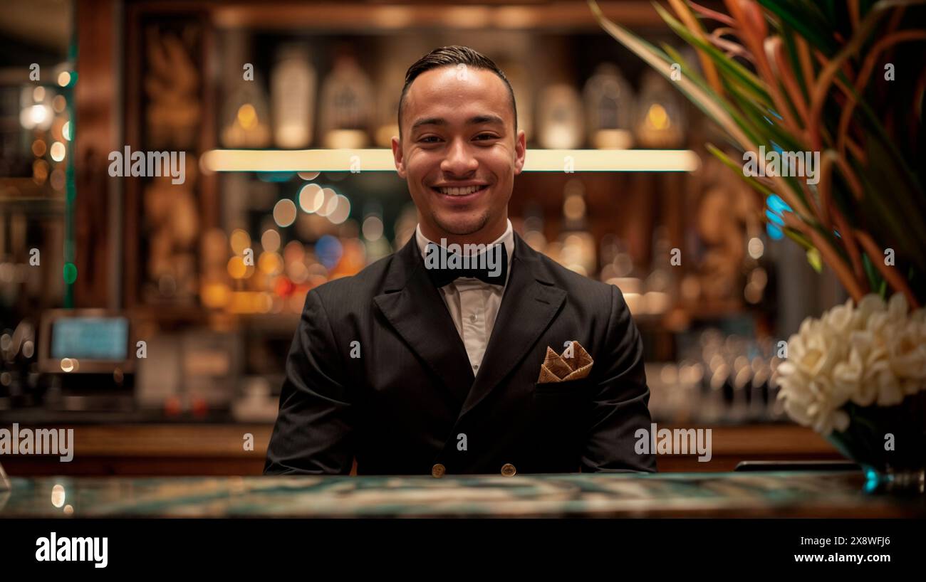 Smiling Asian transgender waiter in a tuxedo serving guests at a luxury ...