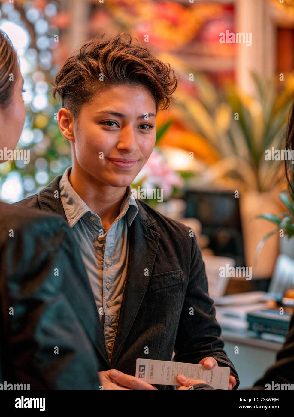 Transgender person with short hair and stylish outfit smiling while ...