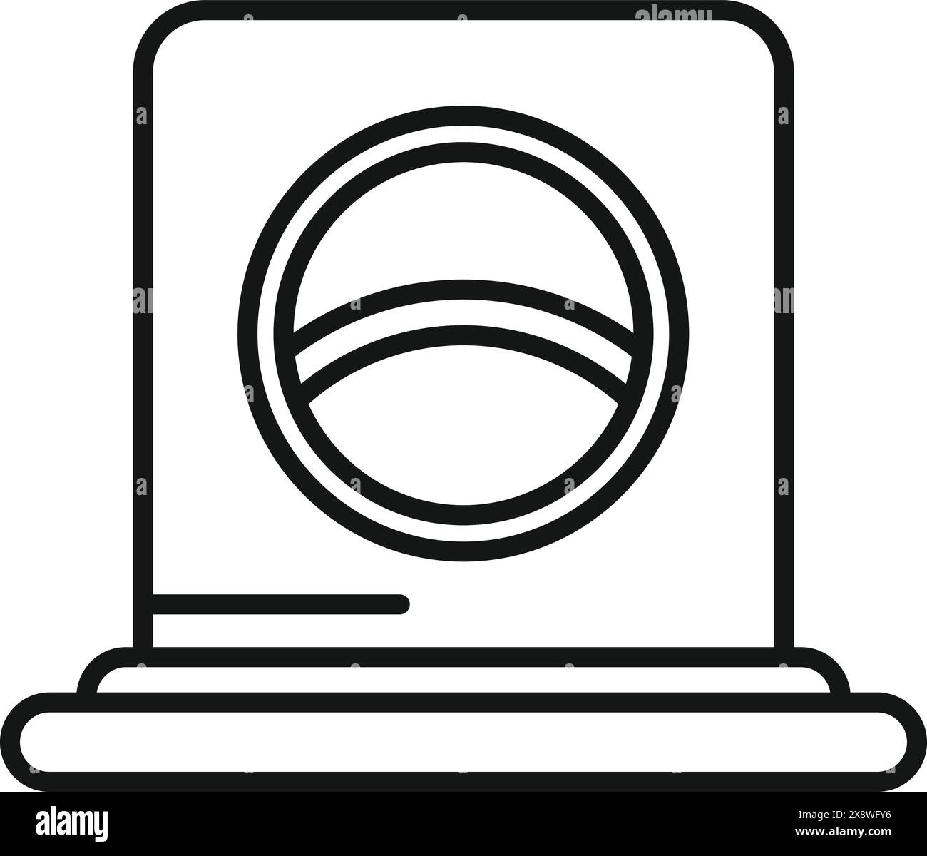 Line art illustration of a laptop featuring a simple circular abstract ...