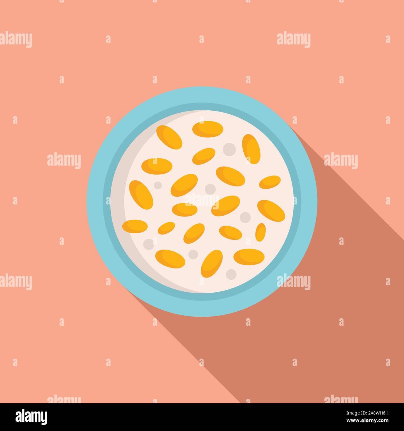 Top view of a bowl with cereal and milk casting a soft shadow on a ...