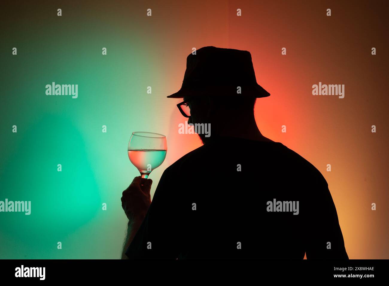 Portrait of an unidentified man in silhouette holding a glass with ...