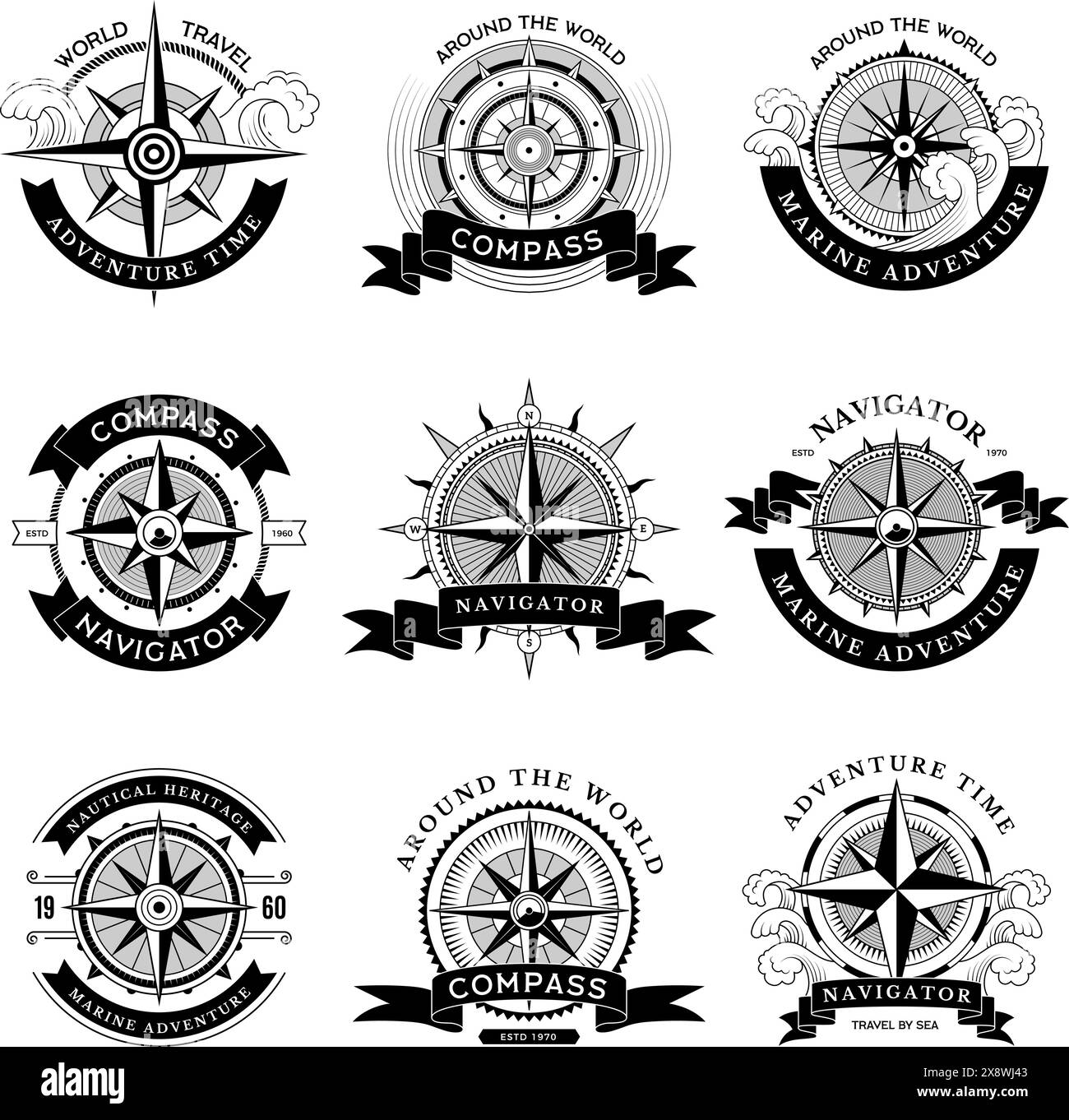 Compass labels. Adventure and travel time symbols nautical marine logos ...